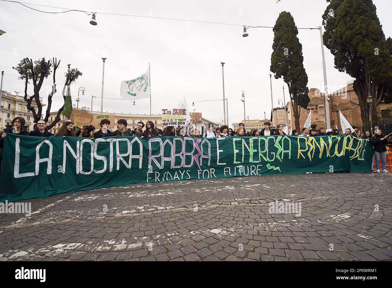 Rome, Italy. 03 march 2023. Protesters hold a green banner expressing ...