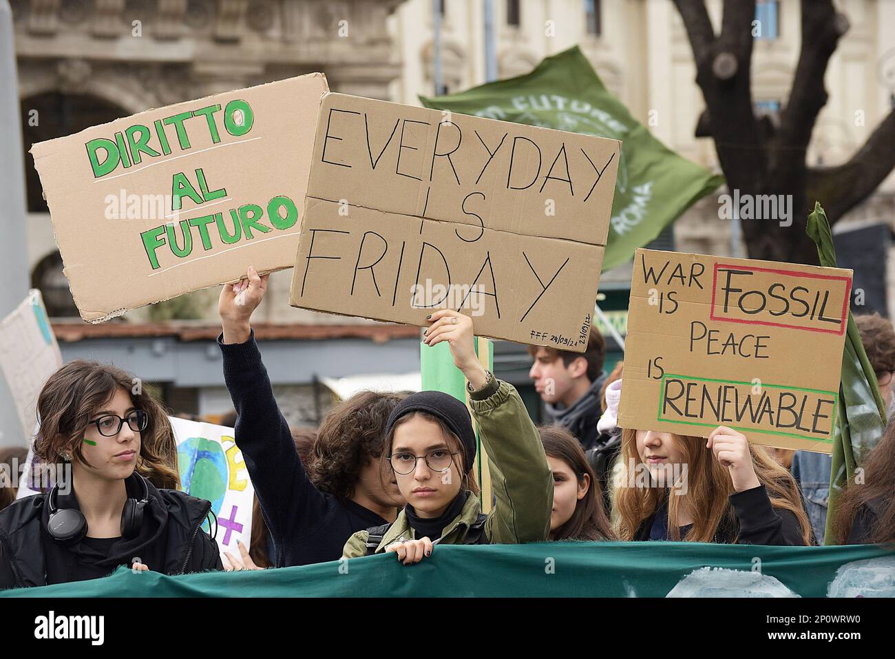 Rome, Italy. 03 march 2023. Protesters hold placards expressing their ...