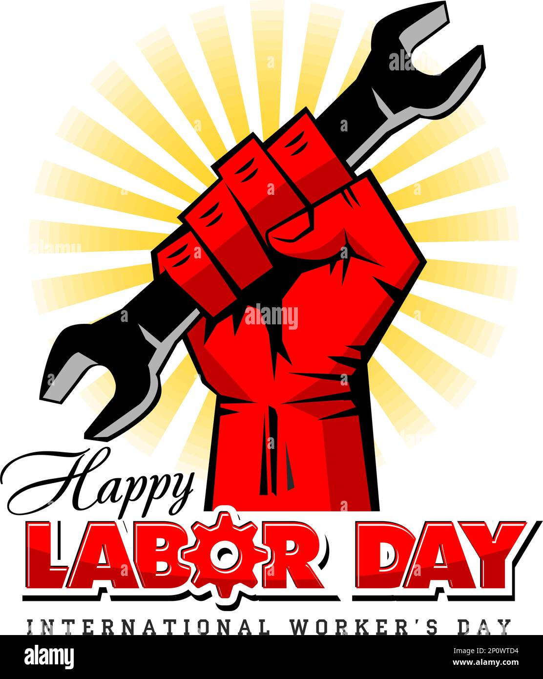 Happy labour day card with red fist with wrench on sunrise. Vector ...