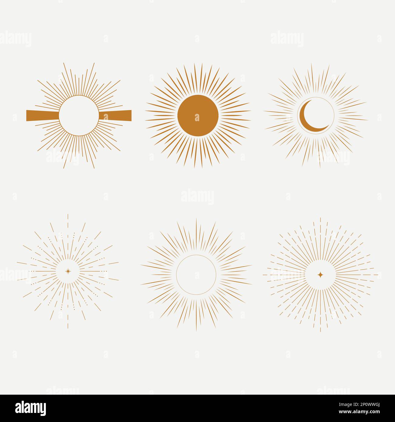 Bohemian sun vector icons set. Vector set of linear boho icons and ...