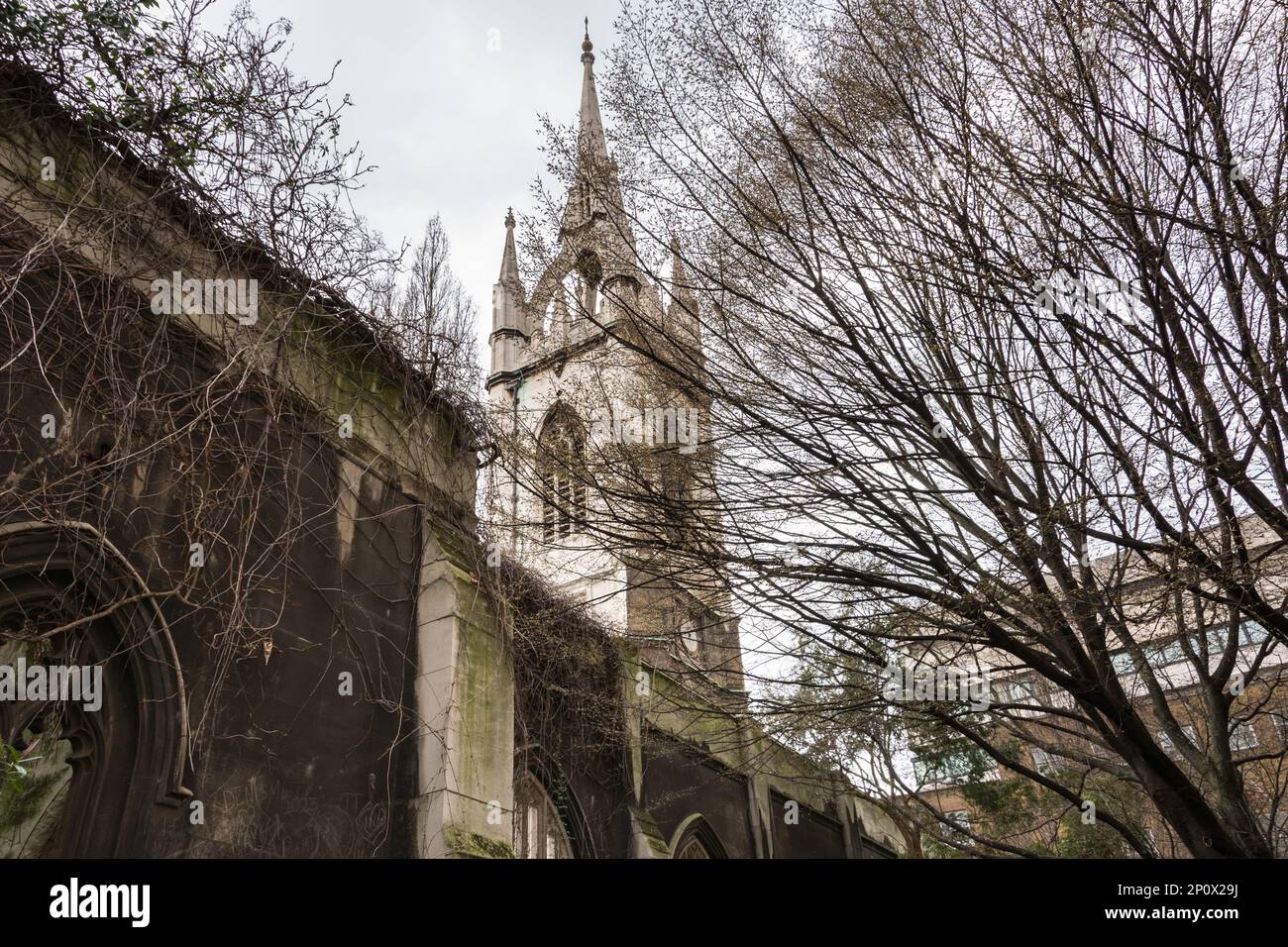 The remains of the church tower and spire of St Dunstan in the East on ...