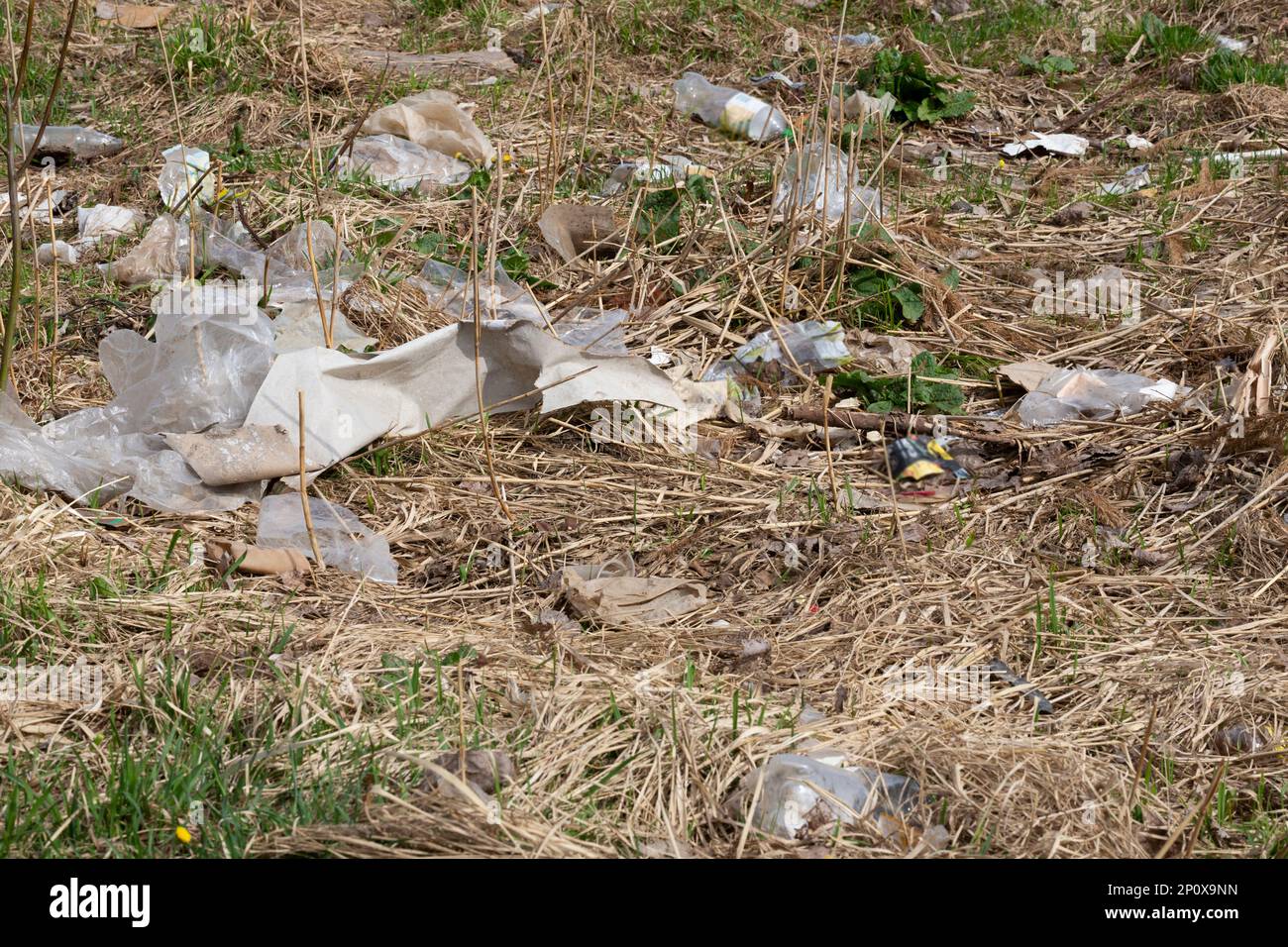 Spring forest stream river garbage waste plastic tire glass bottles after the snow melted ...