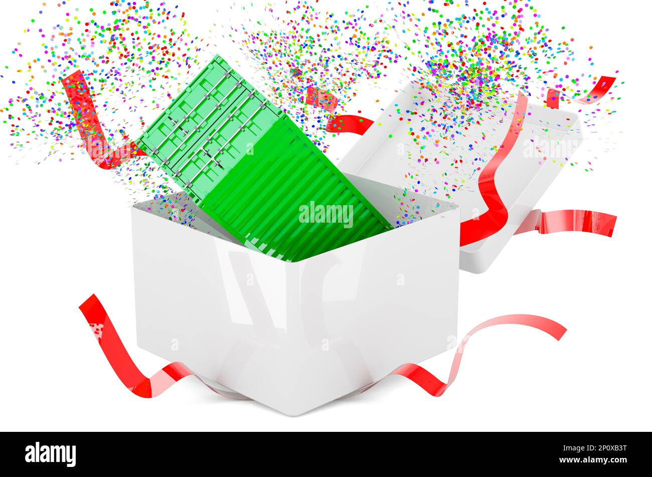 Cargo container inside gift box, 3D rendering isolated on white ...