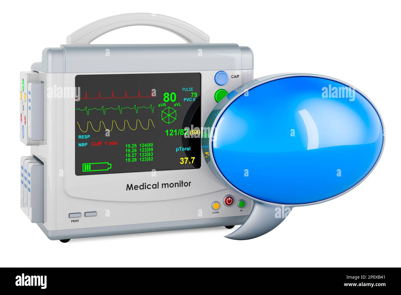 Medical monitor with speech bubble, 3D rendering isolated on white ...