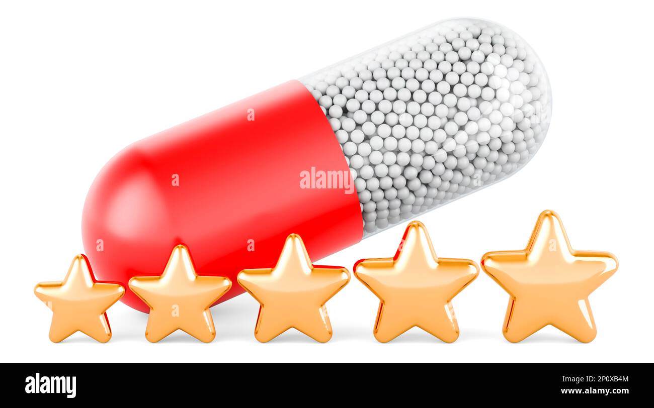 Medicament capsule with five golden stars, 3D rendering isolated on ...