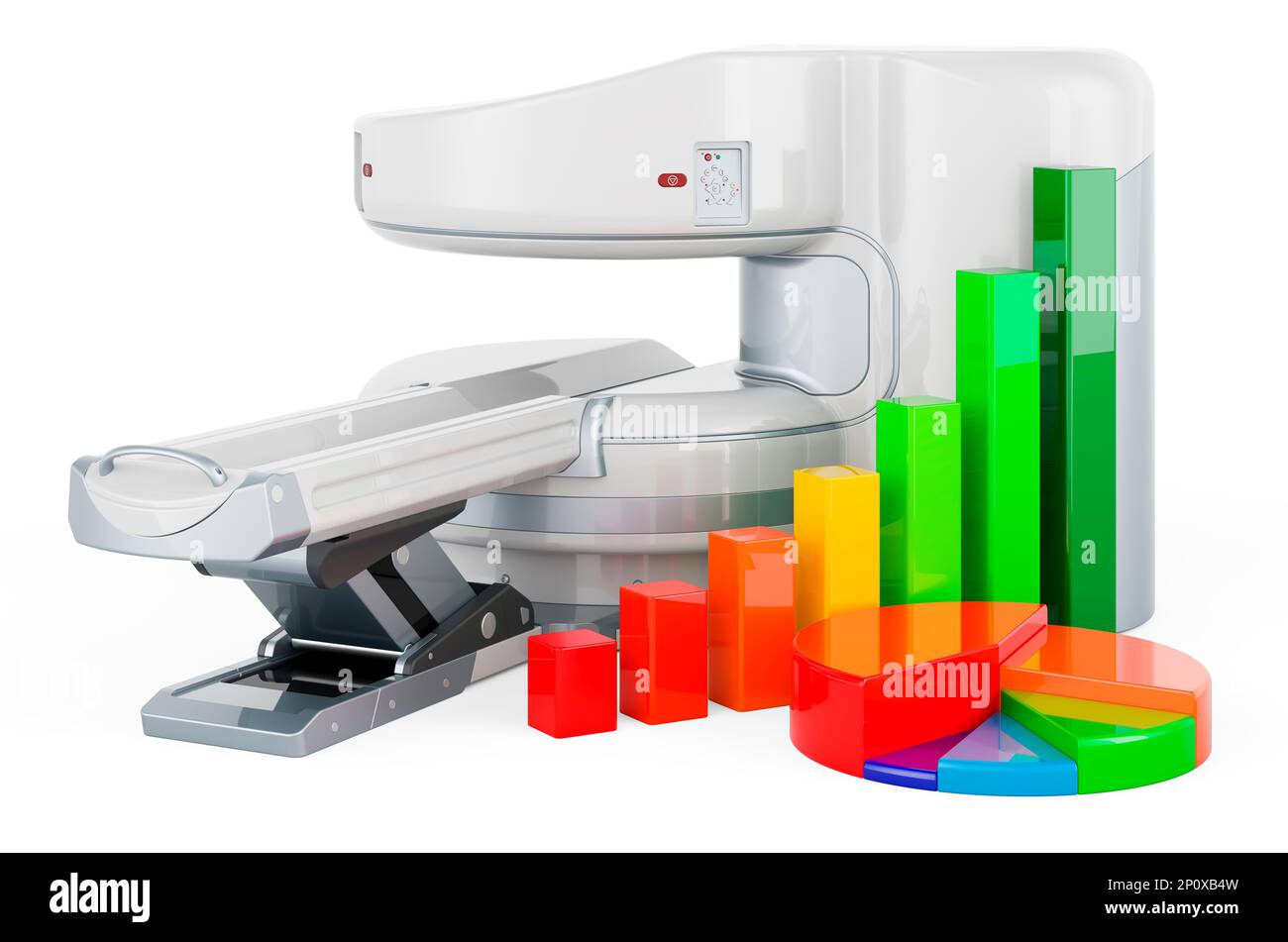Open MRI Machine with growth bar graph and pie chart. 3D rendering ...