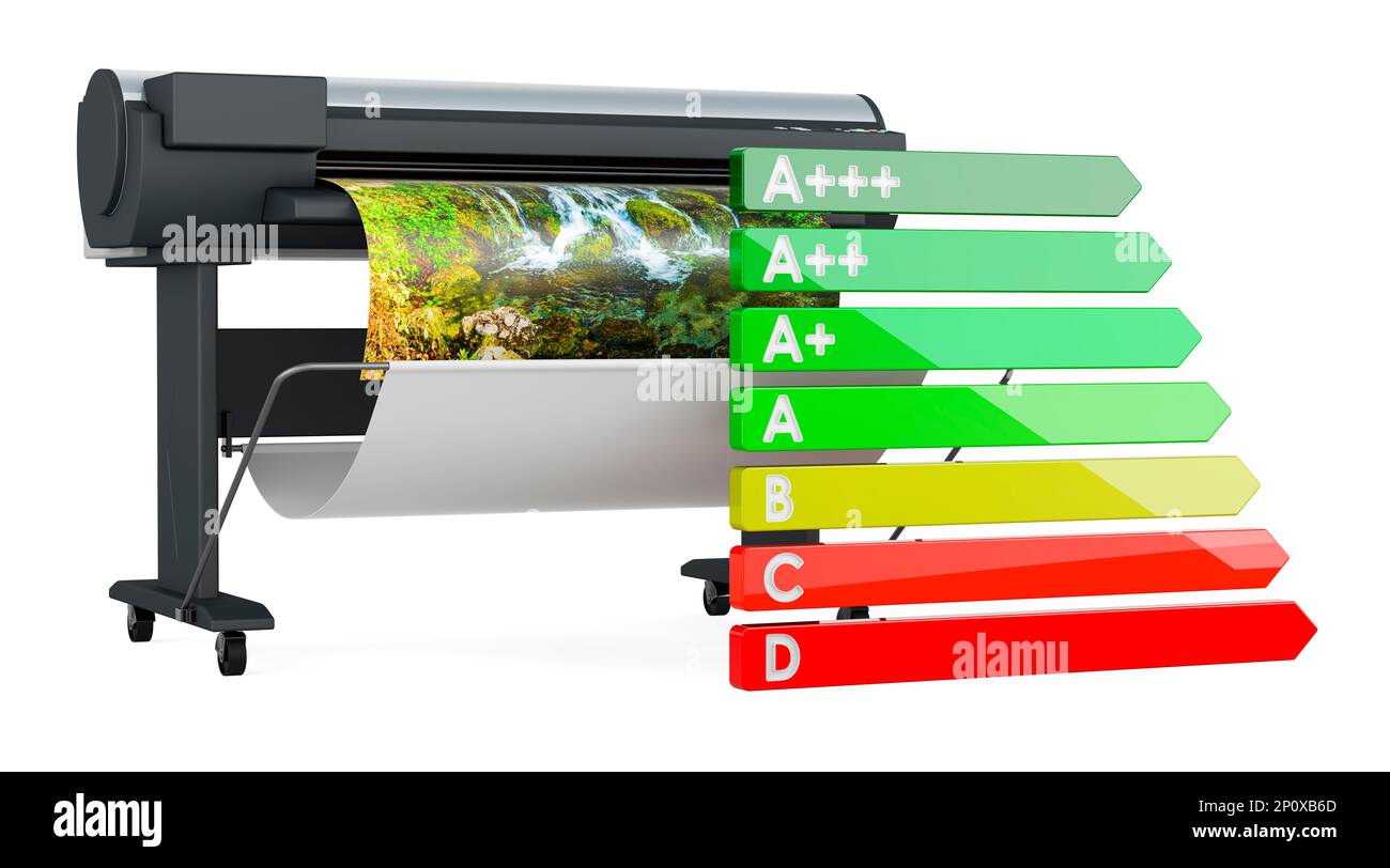 Wide format printer with energy efficiency chart, 3D rendering isolated ...