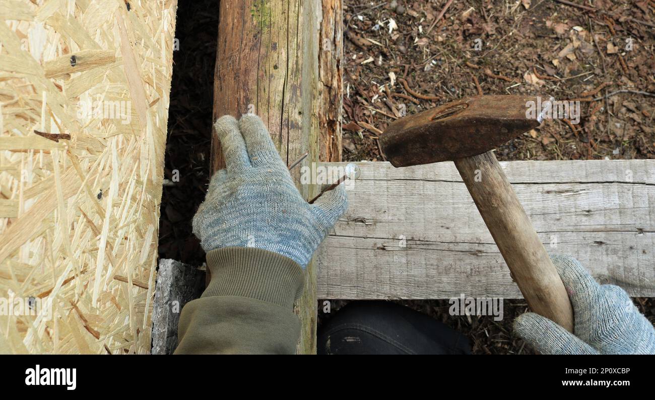 hands of a carpenter in gray fabric gloves hold a long nail and a ...