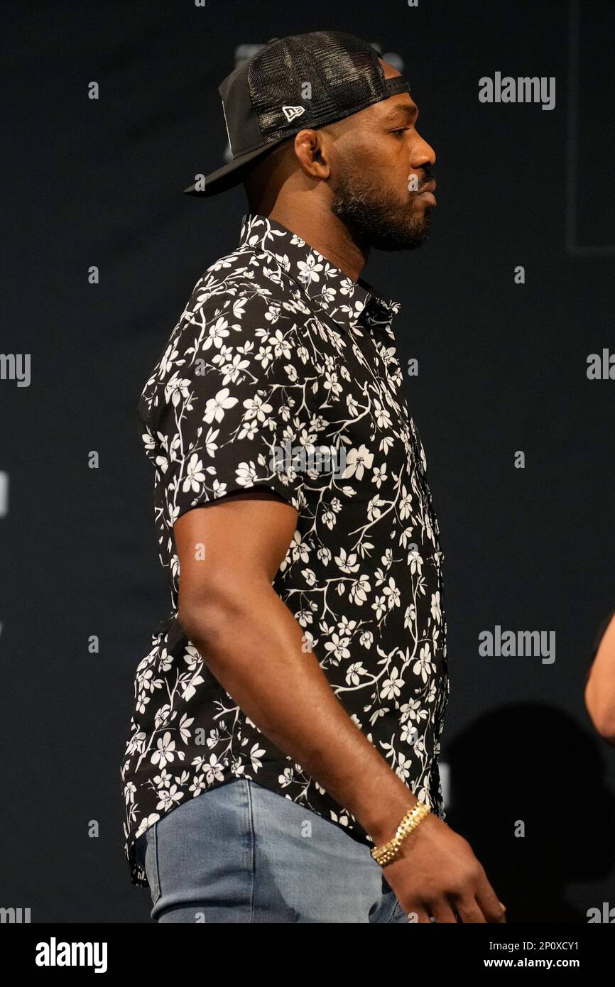 LAS VEGAS, NV - March 2: Jon Jones walks in for the face-off on stage ...