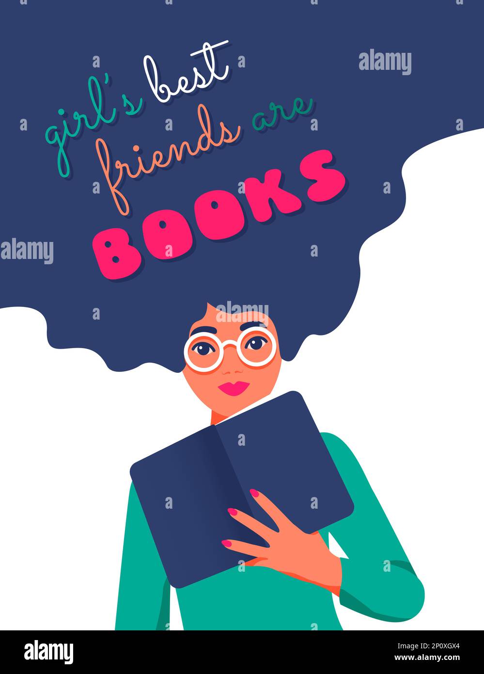 Woman with paper book in hand. Girls best friends are books script ...