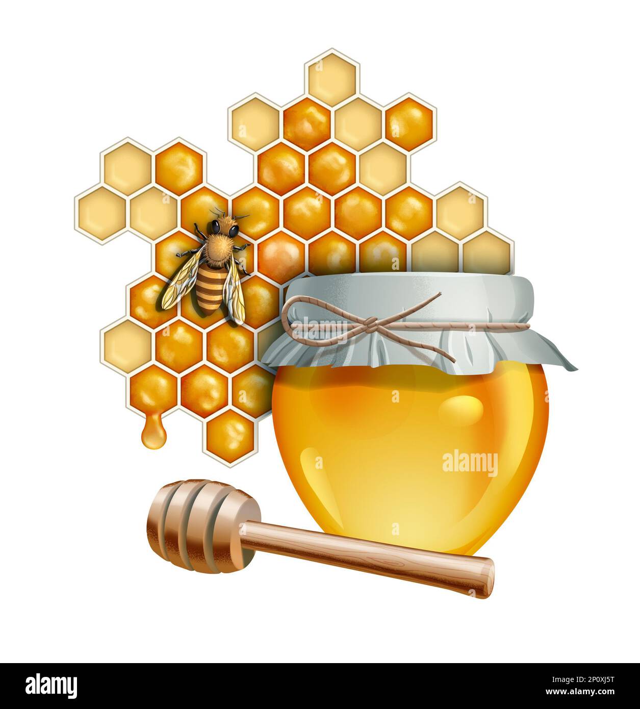 Honey themed composition including a glass jar full of honey and a bee ...