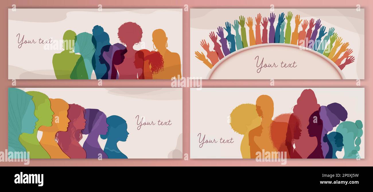 Silhouette group of multicultural women. Female social community of ...