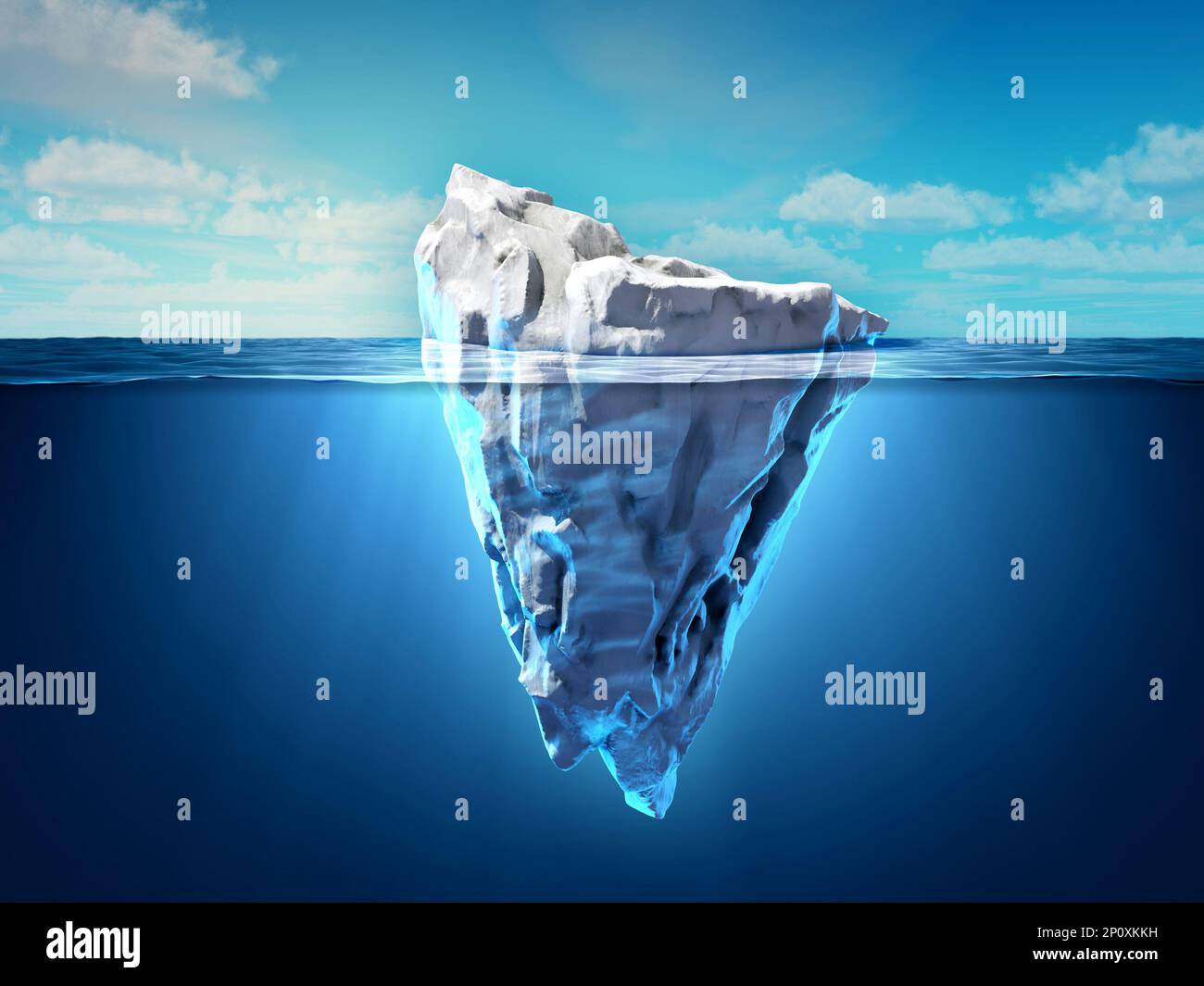 Iceberg floating in the ocean, both the tip and the submerged parts are ...