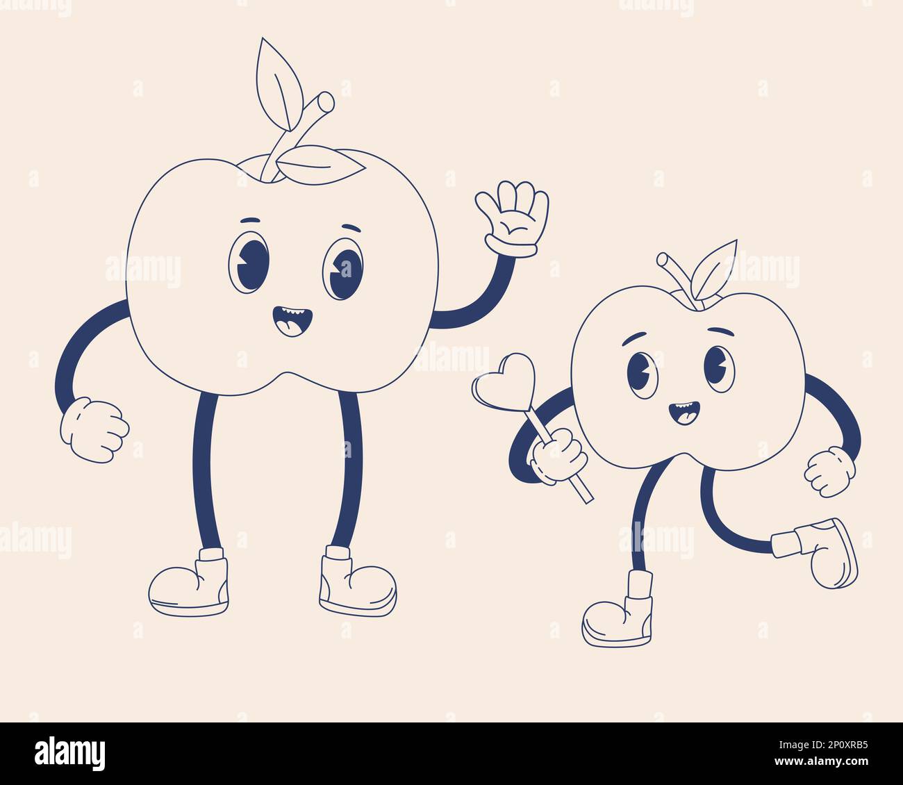 Happy retro trendy character apple mom with baby. Groovy fruits ...