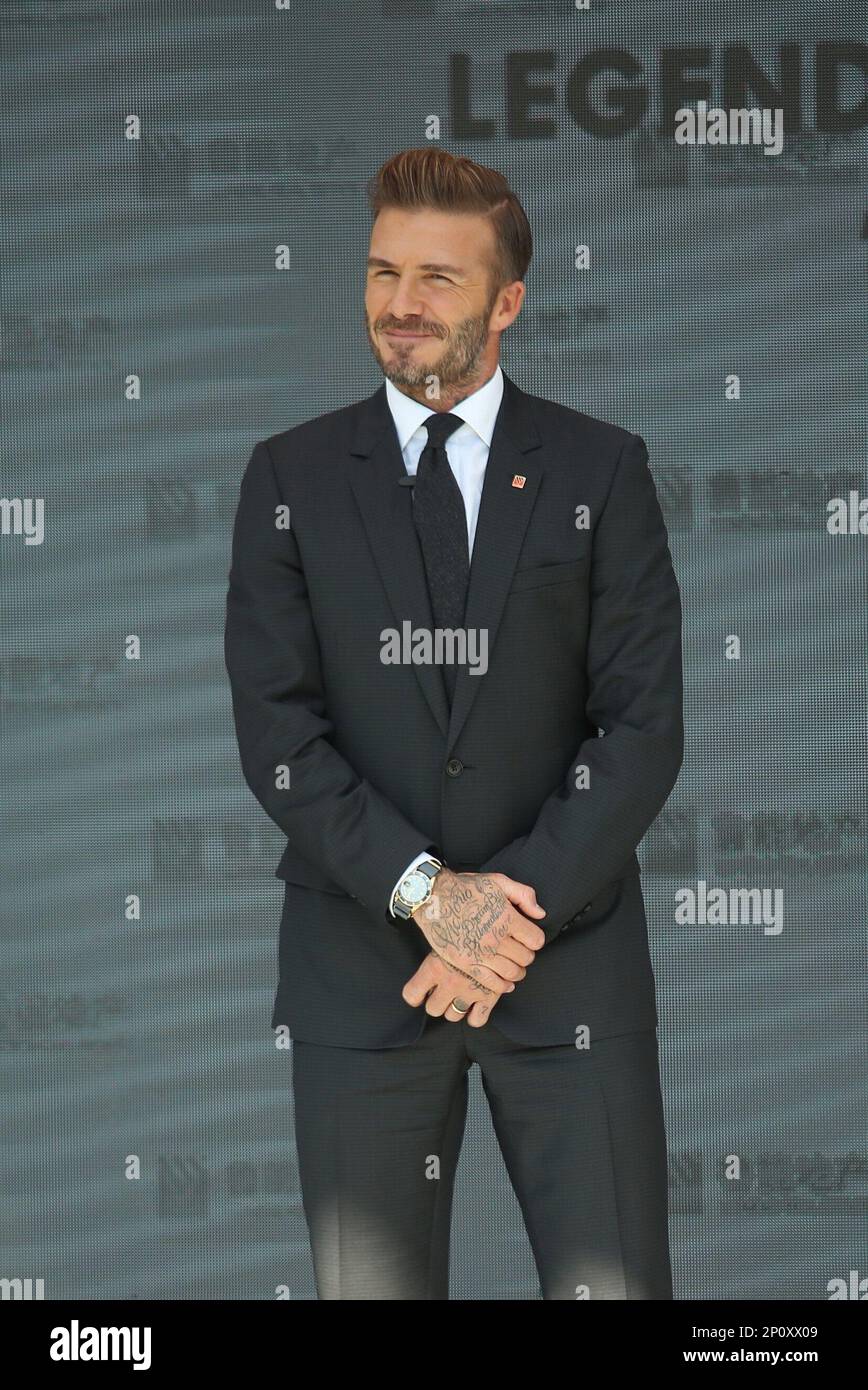 English soccer star David Beckham attends a press conference for Luneng ...