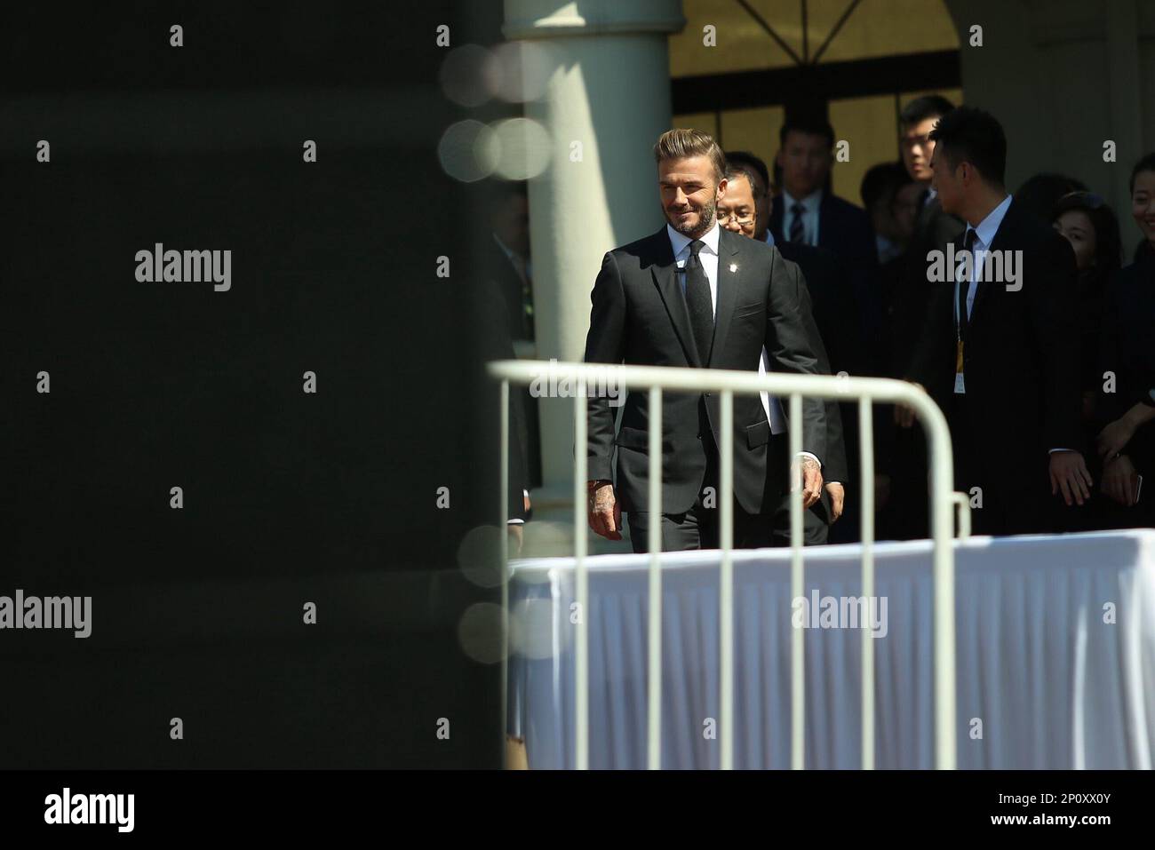 English soccer star David Beckham, center, attends a press conference ...