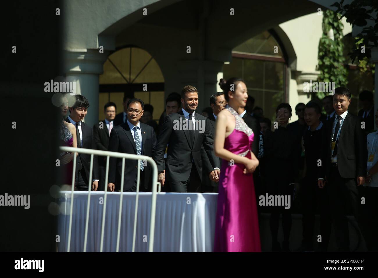 English soccer star David Beckham, center, attends a press conference ...