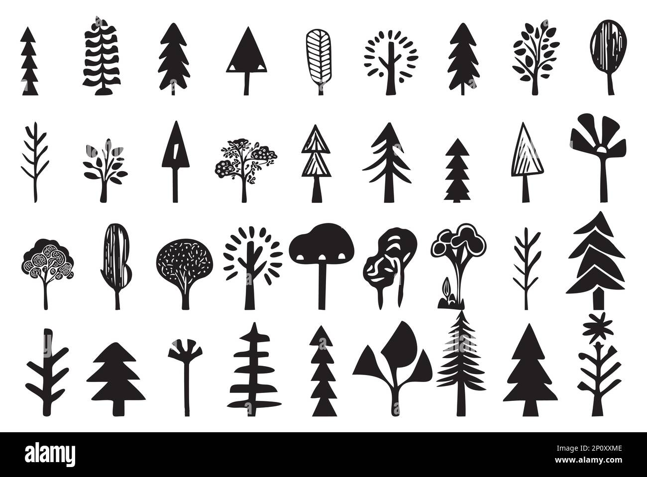 Set of woodland tree vector motifs. Collection of botanical forest ...