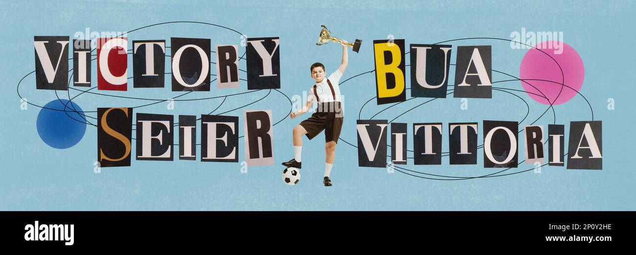 Winner, champion. Little boy with award and soccer ball. Contemporary ...