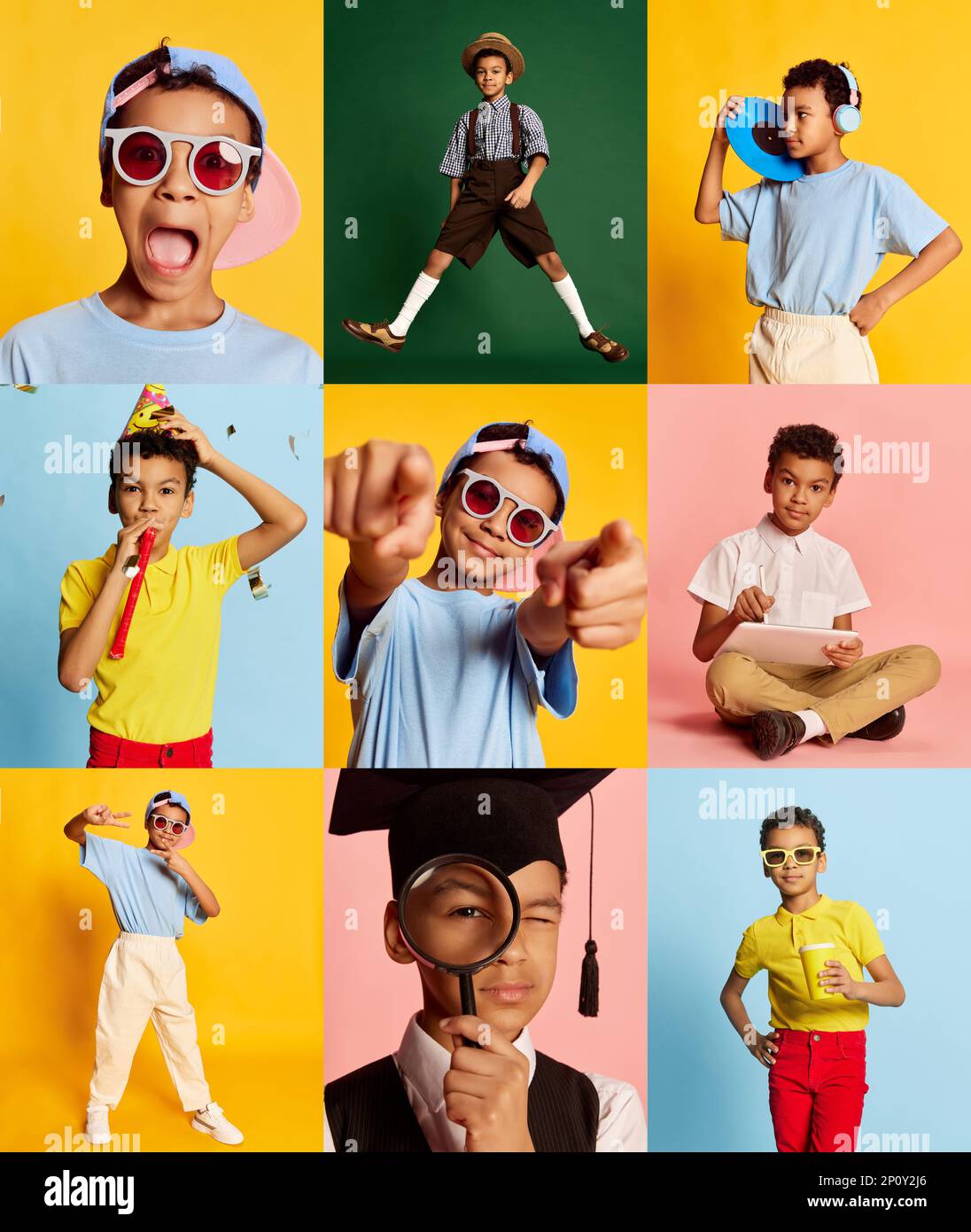 Collage made of portraits of emotional little african boy in different ...