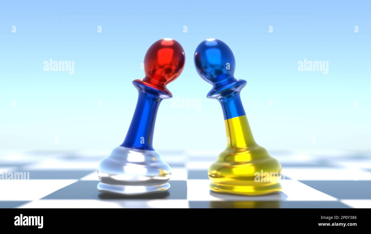 Two pawns with the color of the Ukrainian and Russian flags on a ...