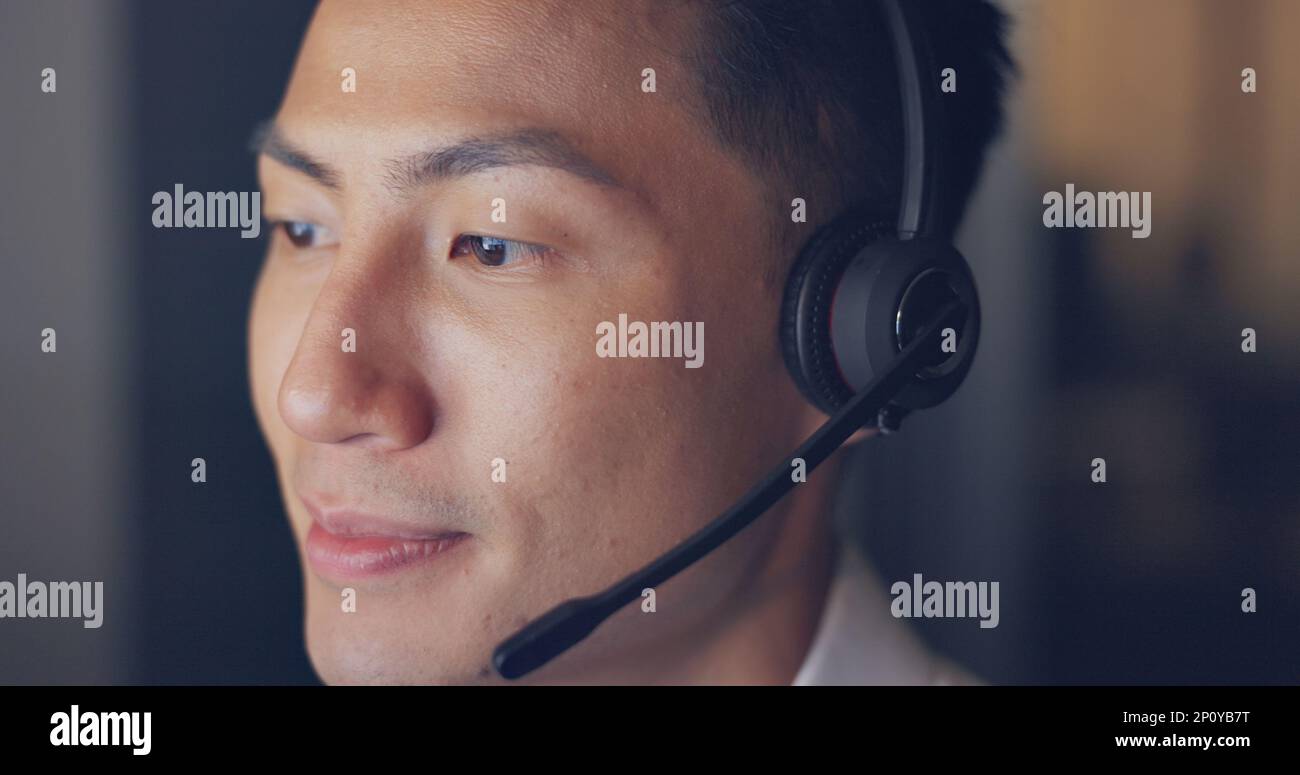 Call center, consultant and man with face and contact us, phone call ...