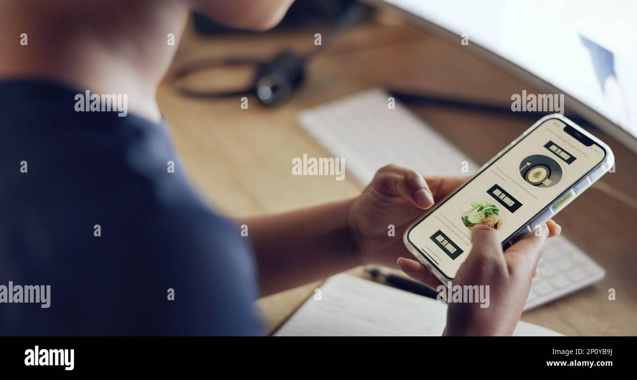 Food menu, smartphone screen and hands on e commerce website, online ...