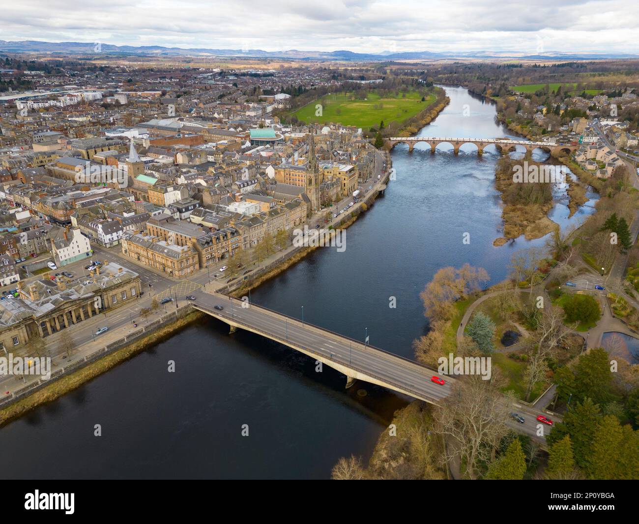 Aerial view from drone of Perth city centre and River Tay in Perth and ...