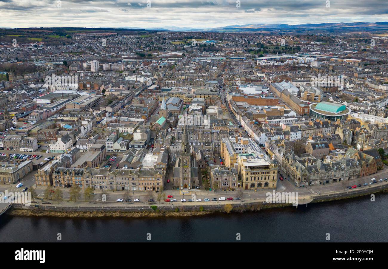 Aerial view from drone of Perth city centre and River Tay in Perth and ...