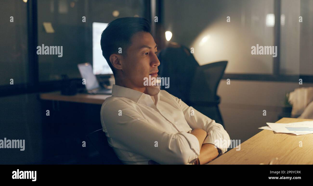 Business man, working night and tired with burnout and corporate ...
