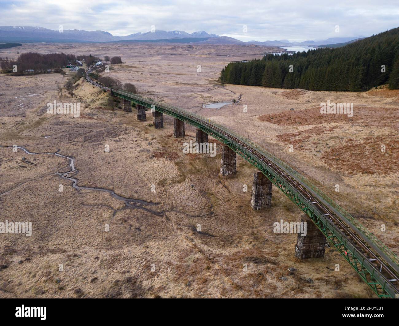 Aerial view from drone of Rannoch Viaduct on Rannoch Moor in in Perth ...