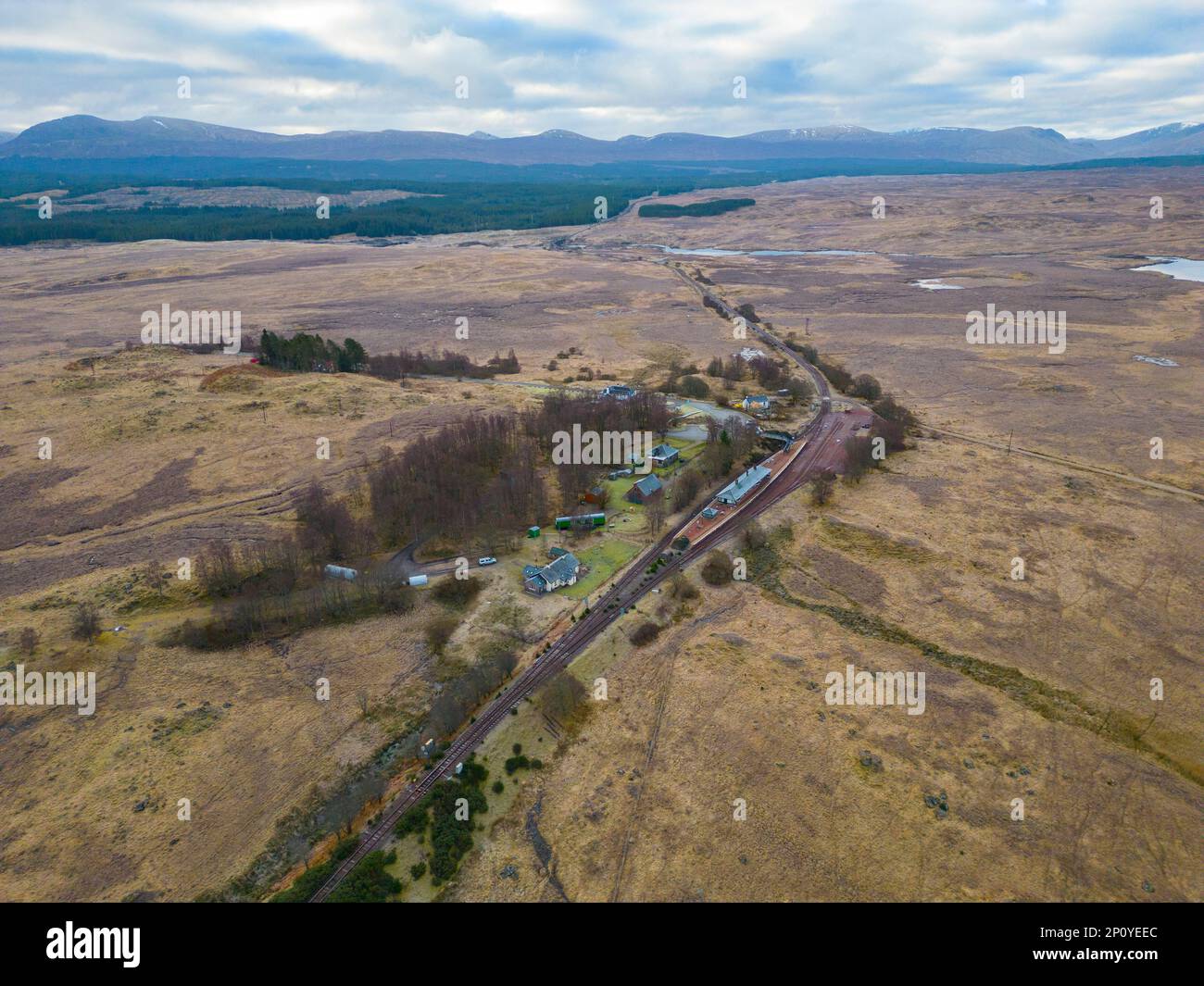 Aerial view from drone of Rannoch Station on Rannoch Moor in in Perth ...