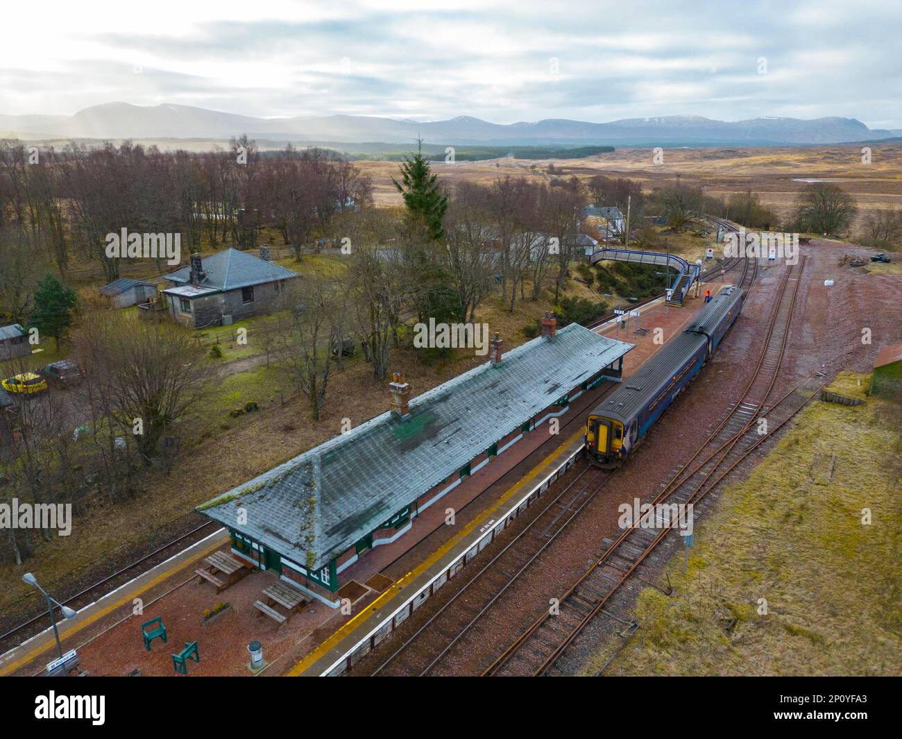 Aerial view from drone of Rannoch Station on Rannoch Moor in in Perth ...