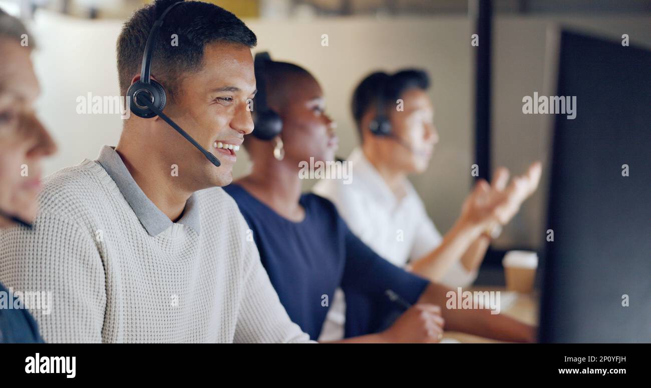 Call center, business man and team communication, global office and ...