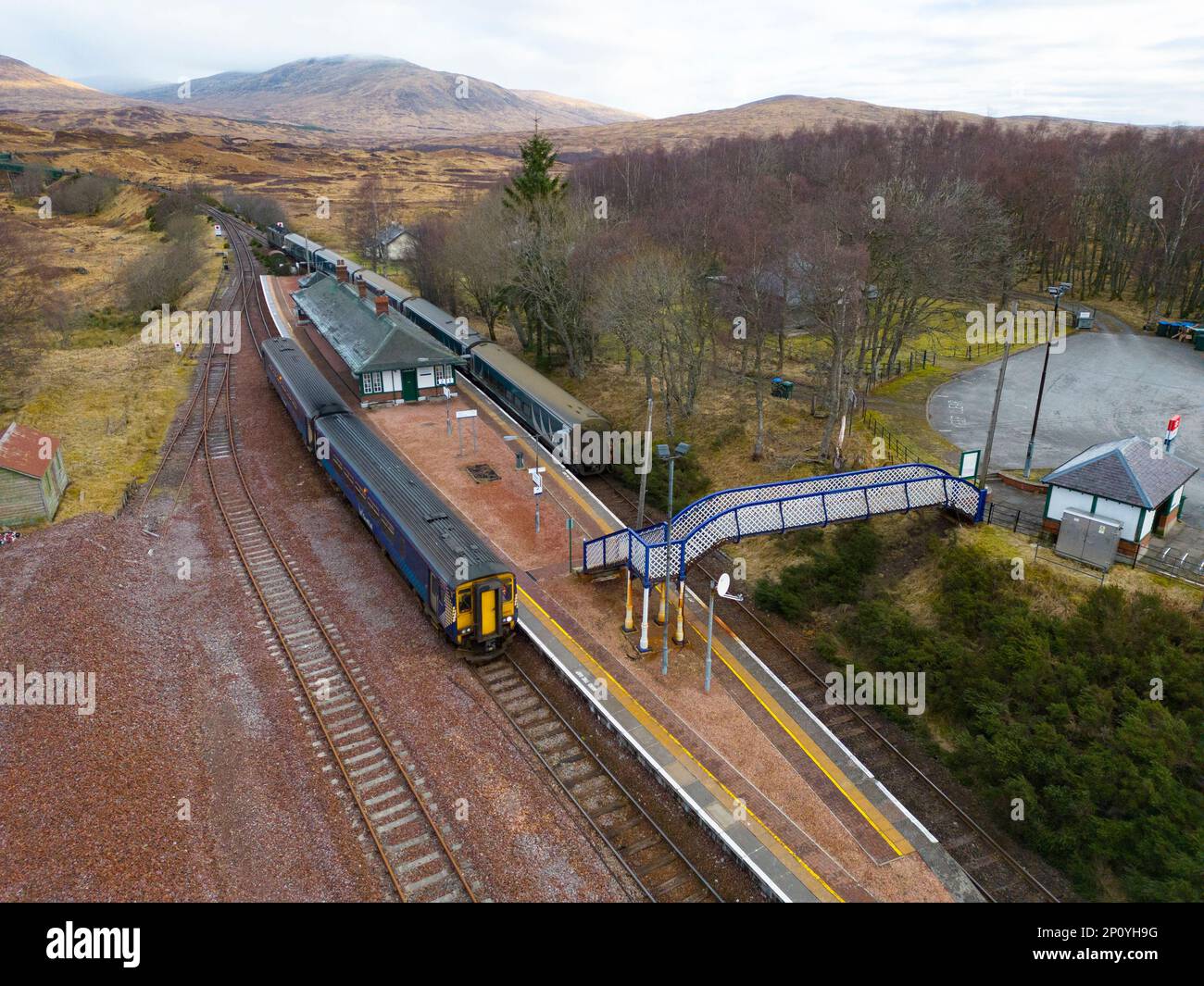 Aerial view from drone of Rannoch Station on Rannoch Moor in in Perth ...