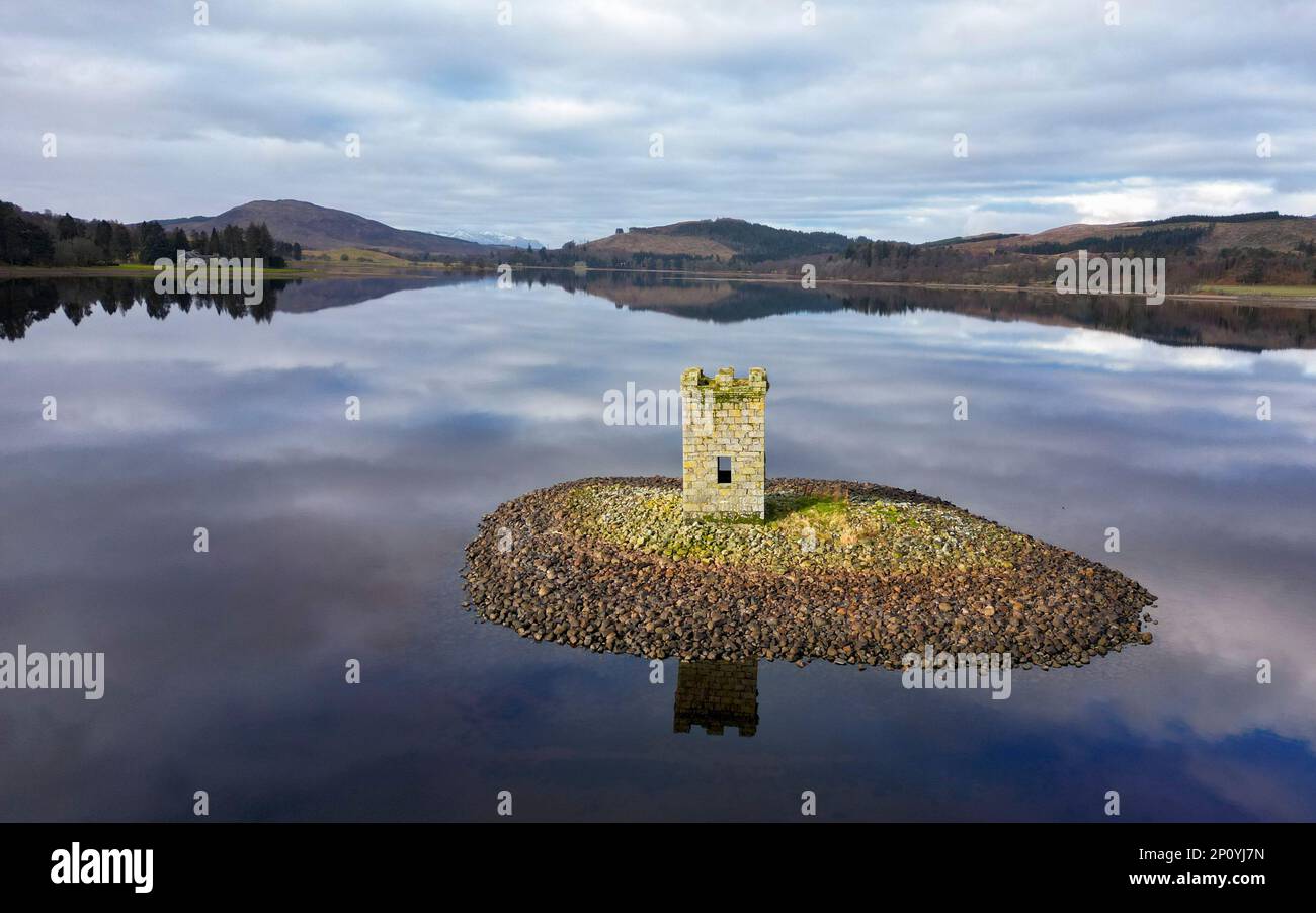 tower Crannog Eilean Nam Faoileag on a stone island in the middle of ...