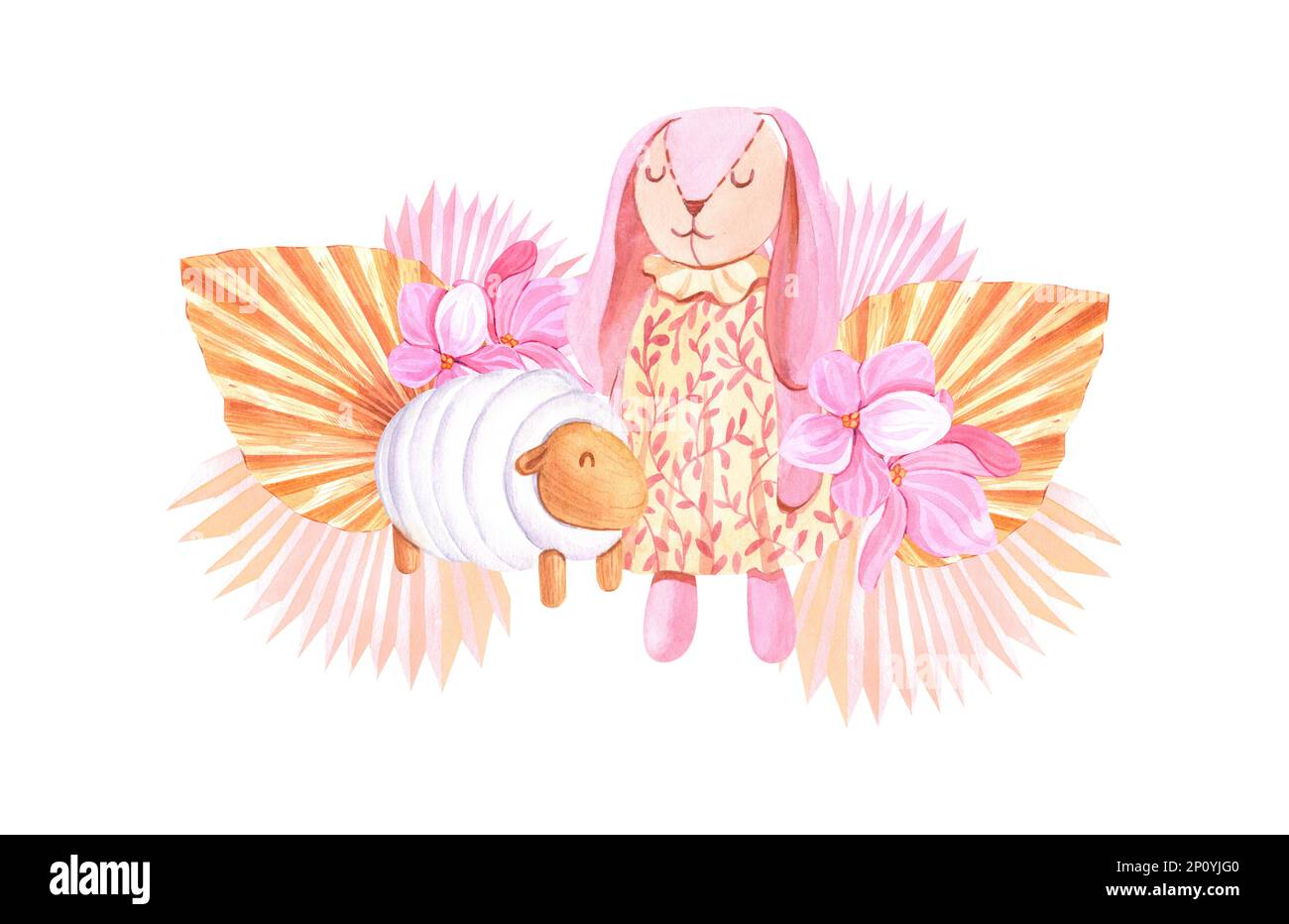 Composition rabbit bunny and lamb with wooden tropical palms in boho ...