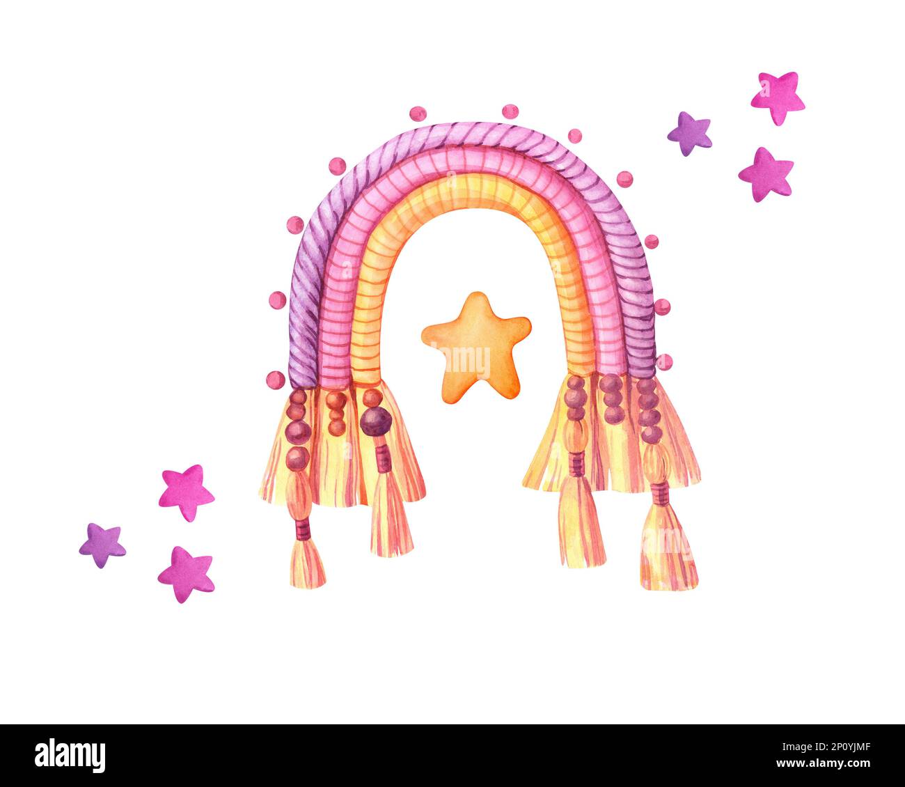 Handmade macrame rainbow cotton and stars wall decoration. Watercolor ...