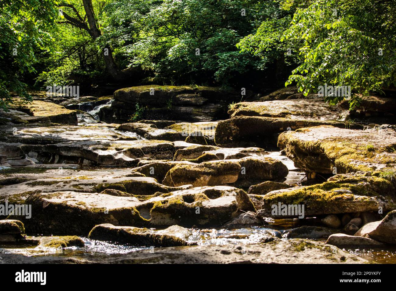 Water worn rocks at Stenkrith Falls, River Een, Kirkby Stephen, Eden ...