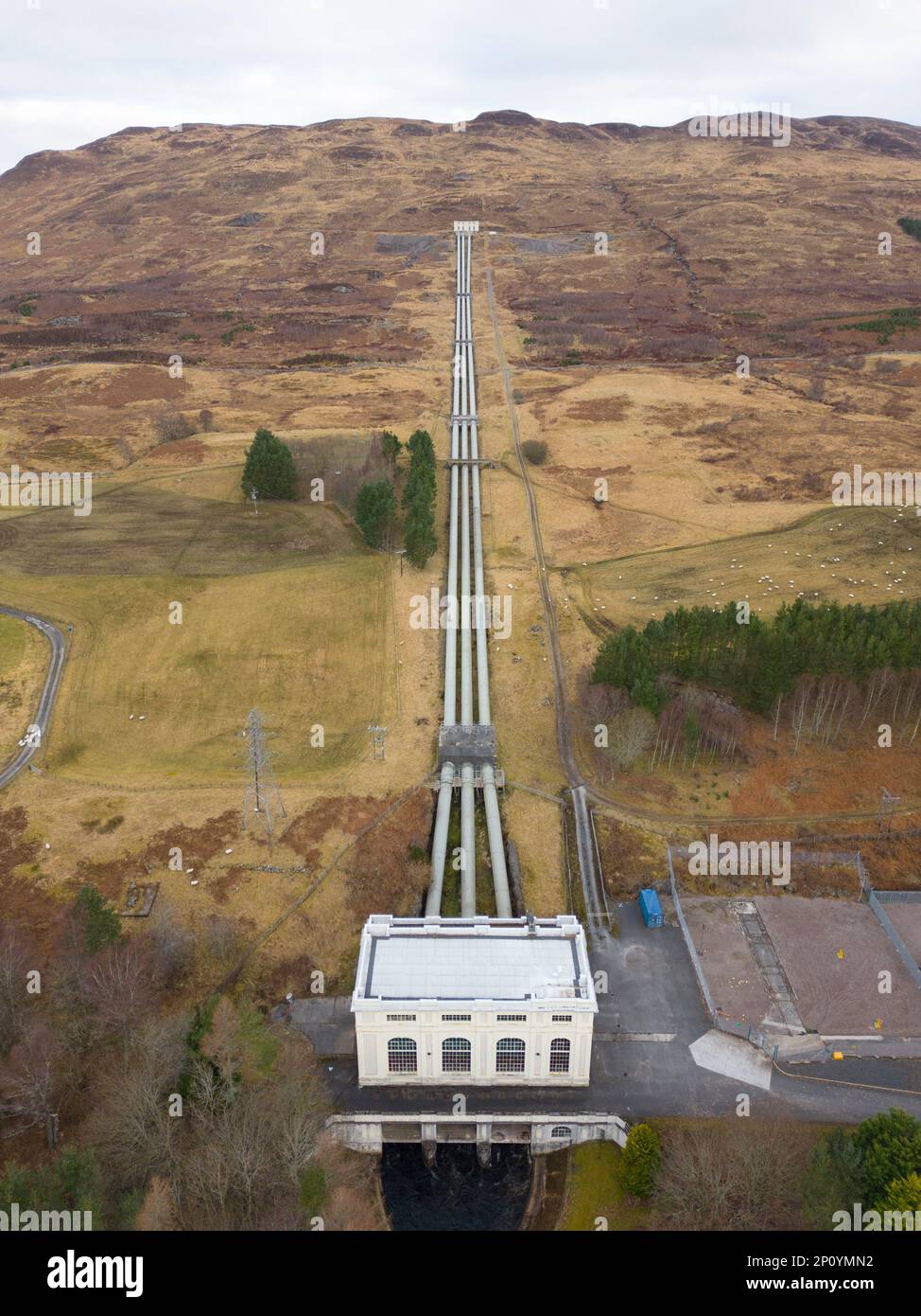 Aerial view of Rannoch Power Station a hydro power station, on Loch ...