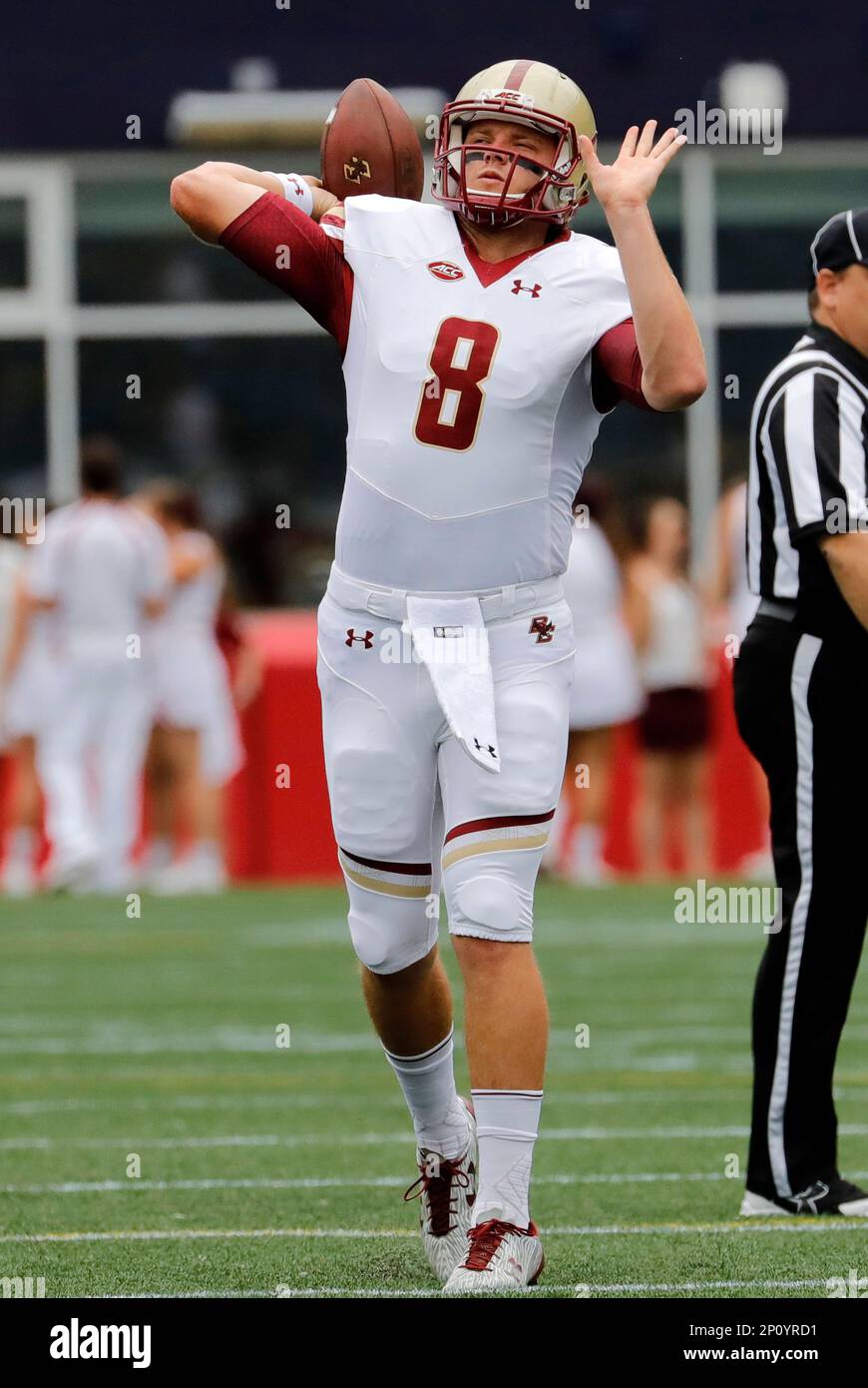 10 September 2016: Boston College quarterback Patrick Towles (8) warms ...