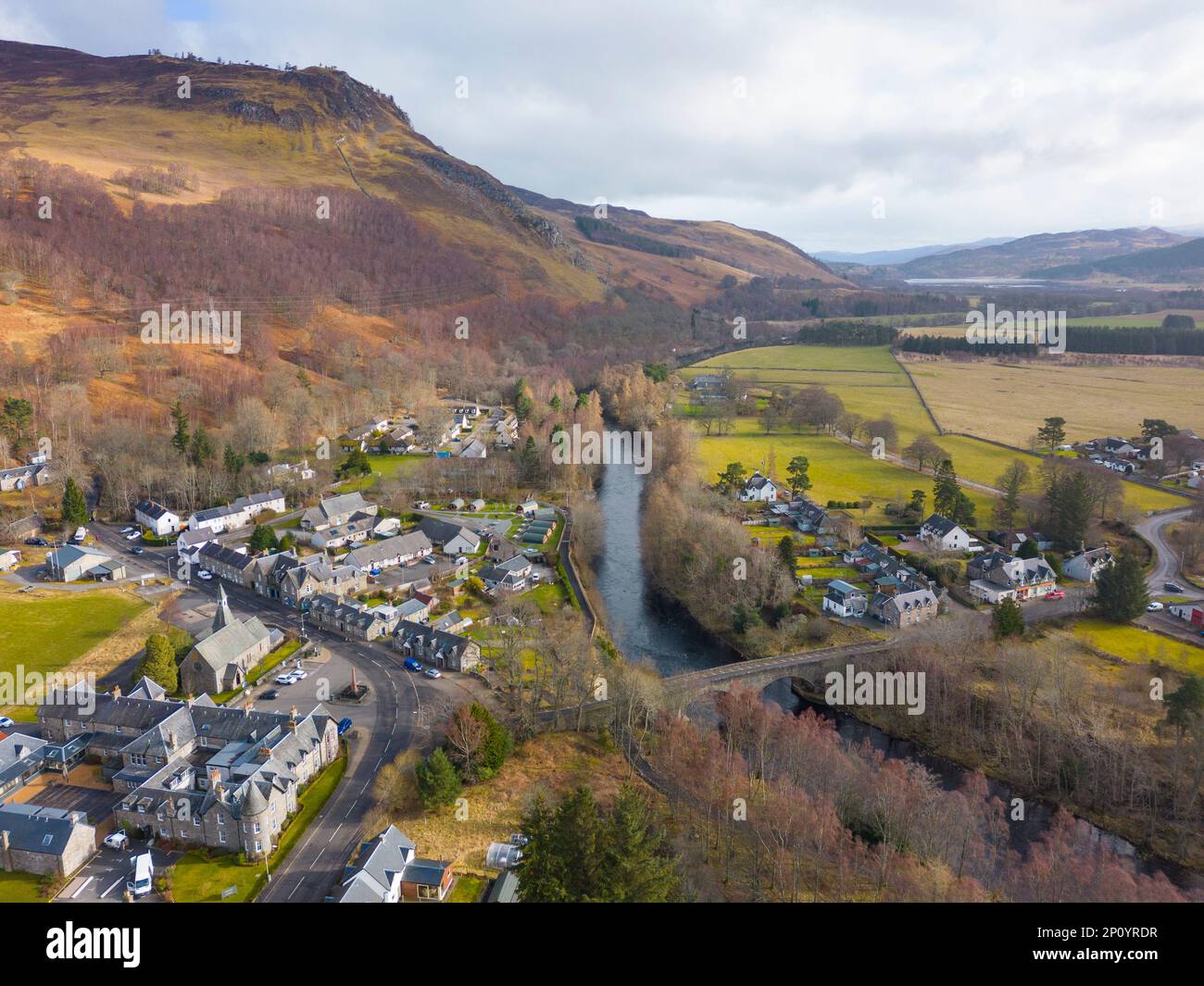 Aerial view of village of Kinloch Rannoch on River Tummel, Perth and ...