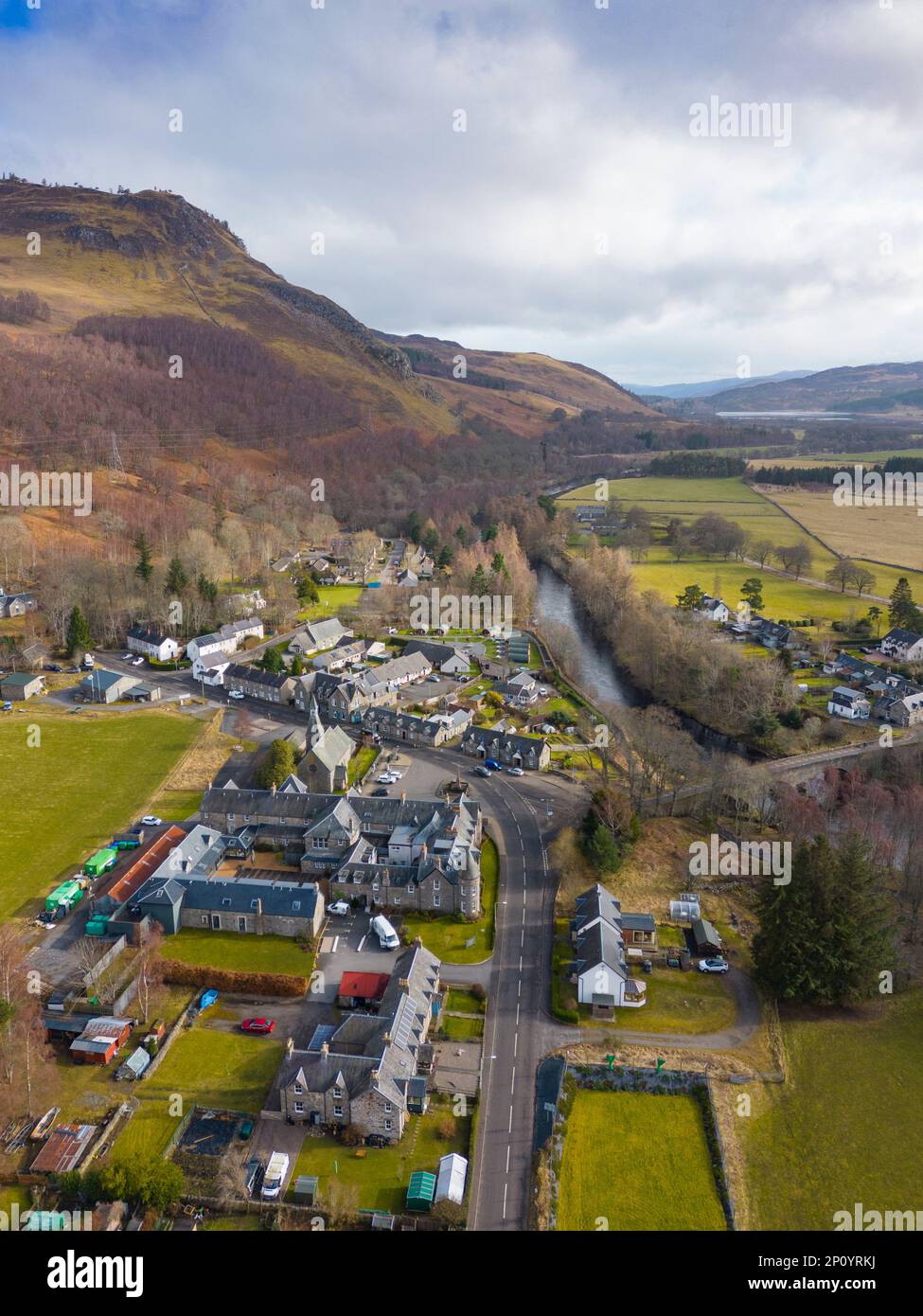 Aerial view of village of Kinloch Rannoch on River Tummel, Perth and ...