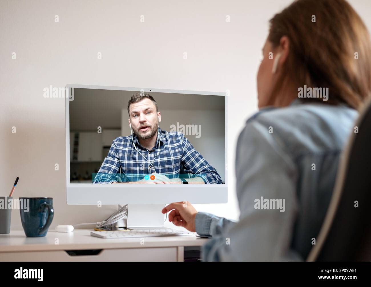 Two people woman and man have video call online meeting Stock Photo - Alamy