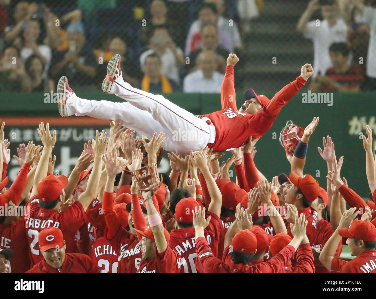 Hiroshima Carp players toss manager Koichi Ogata into the air for ...