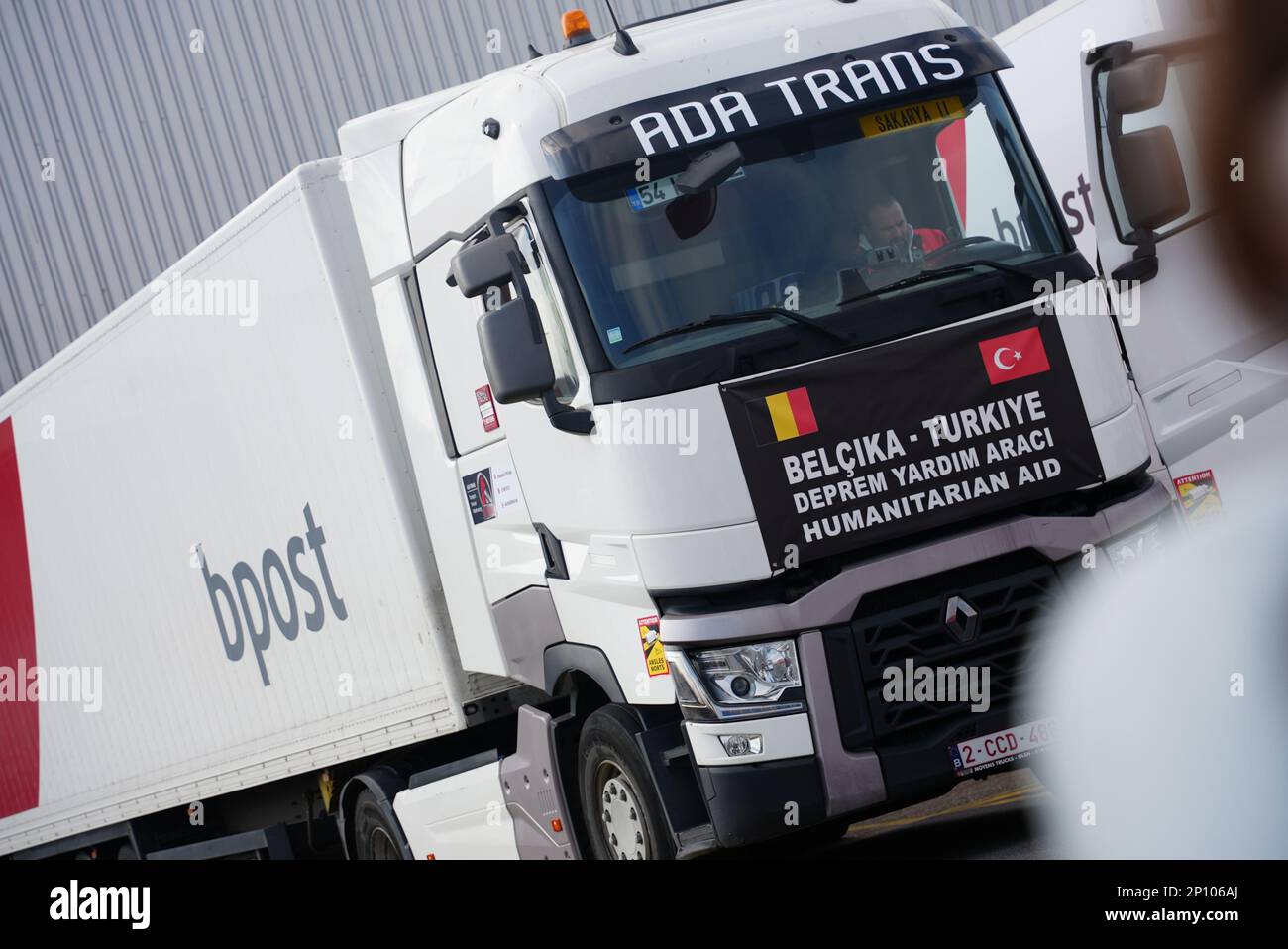 Two Bpost trucks carrying a collection of emergency goods depart to Turkey on Friday 03 March ...