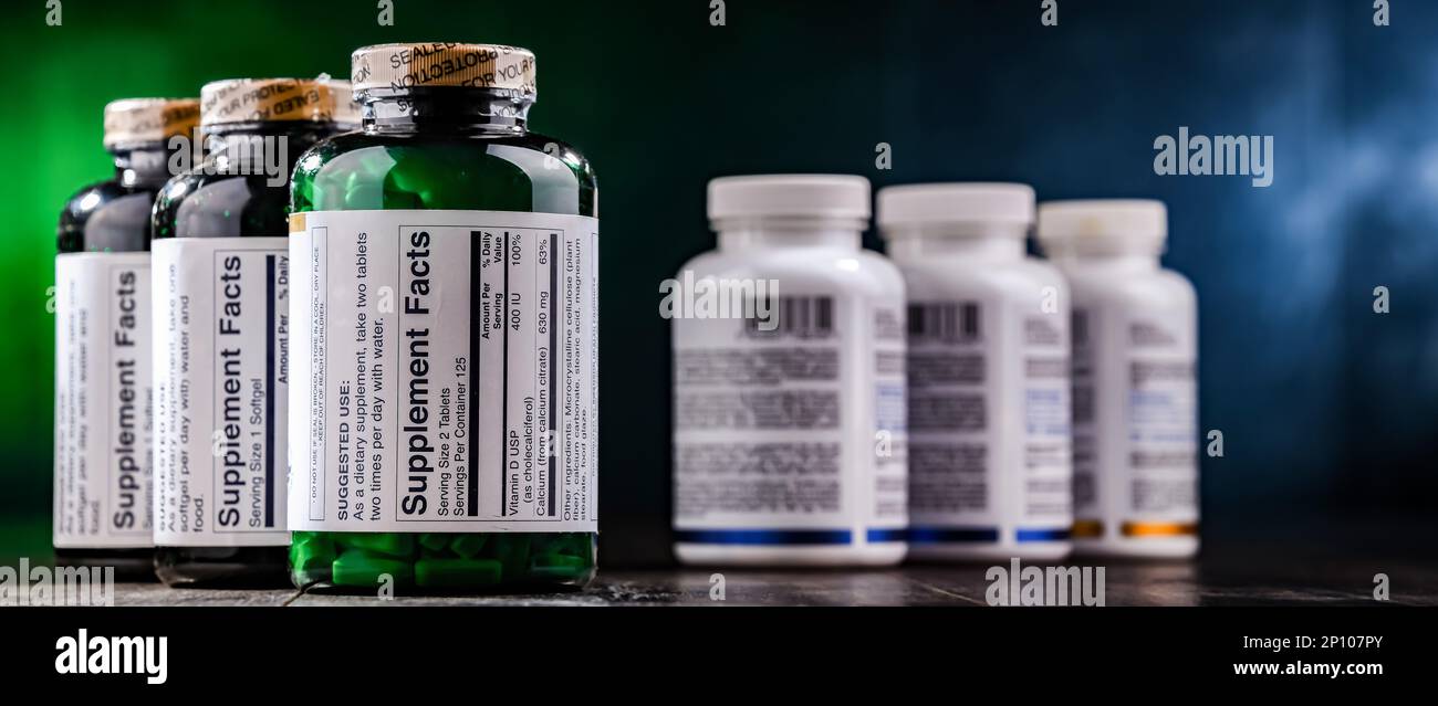 Composition with dietary supplement containers. Drug pills Stock Photo ...