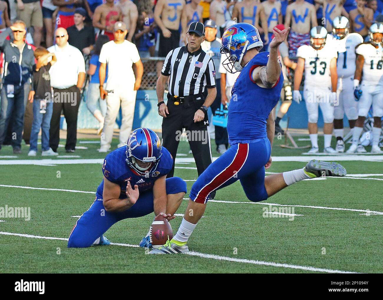3 Sep 2016: Kansas Jayhawks place kicker Matthew Wyman (7) kicks an ...