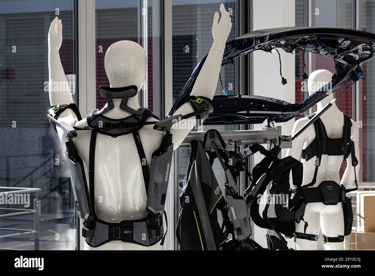 Duderstadt, Germany. 02nd Mar, 2023. An overhead suit "exoskeleton" is ...