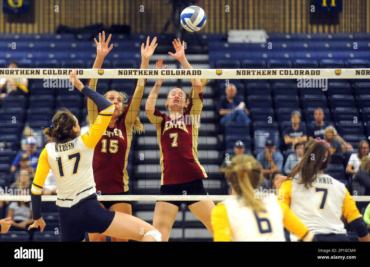 Denver's Nola Basey and Emma Willis jump to block the ball from ...